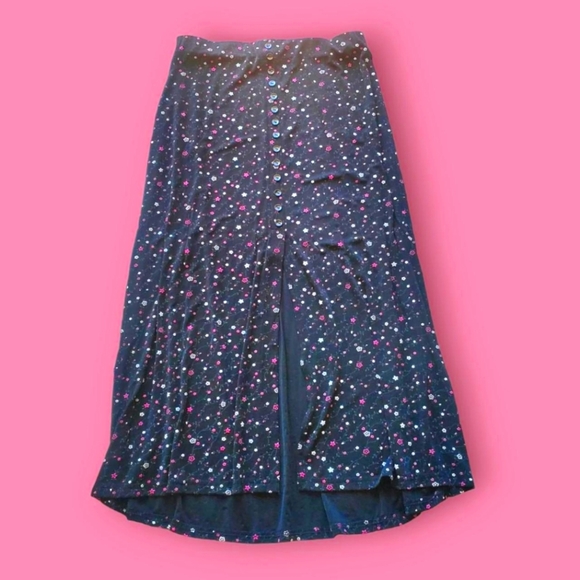 Skirts | Black With Pink Floral 9s Front Button Maxi Skirt | Poshmark